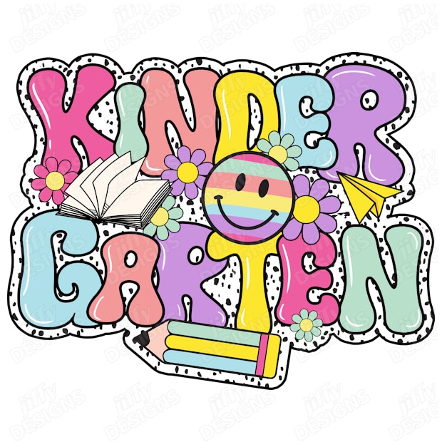 'Kindergarten' Playful Bubble Letters with Cheerful Smiley and School ...