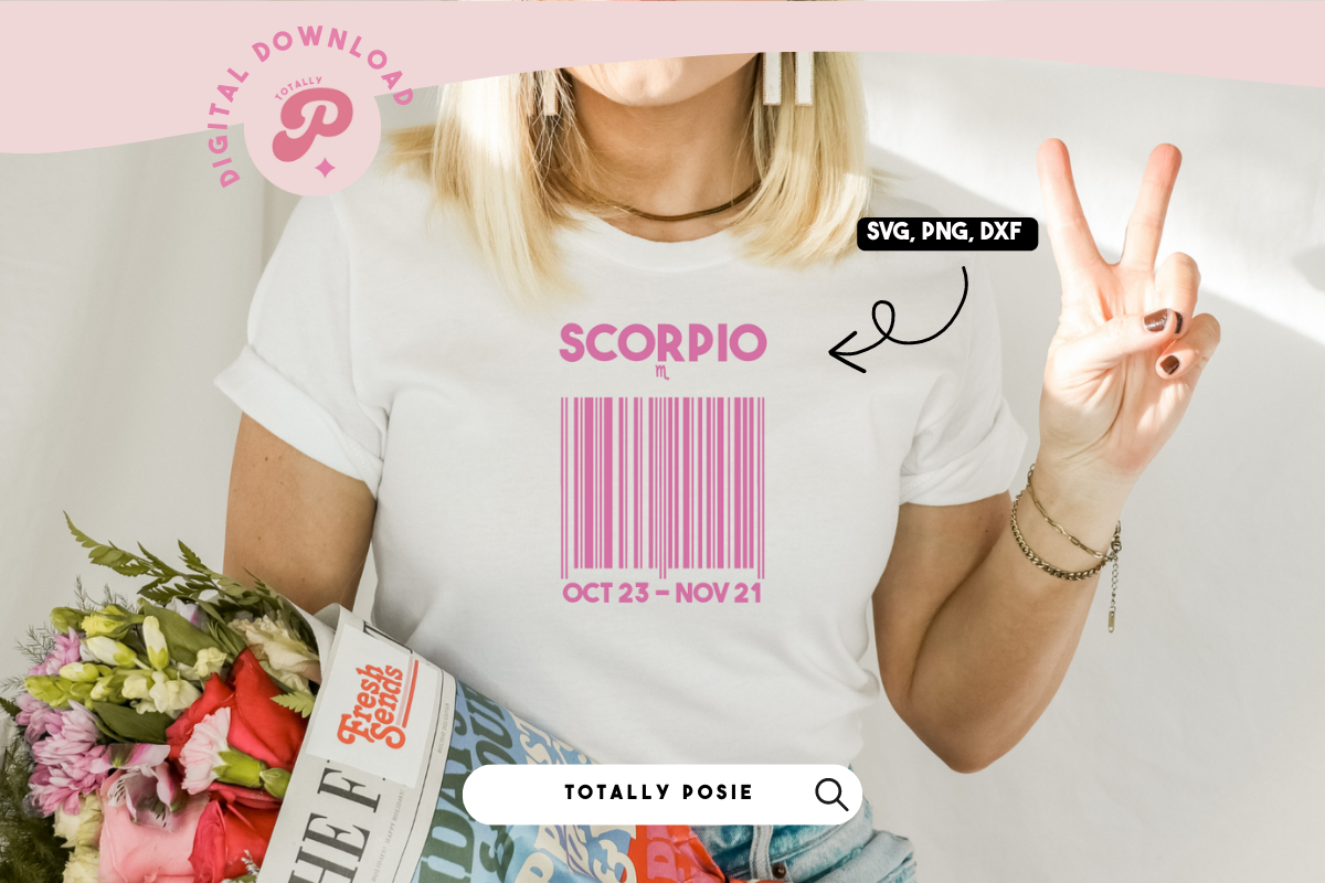 'Scorpio' Zodiac Sign with Barcode in Bold Pink Typography | Jiffy Designs