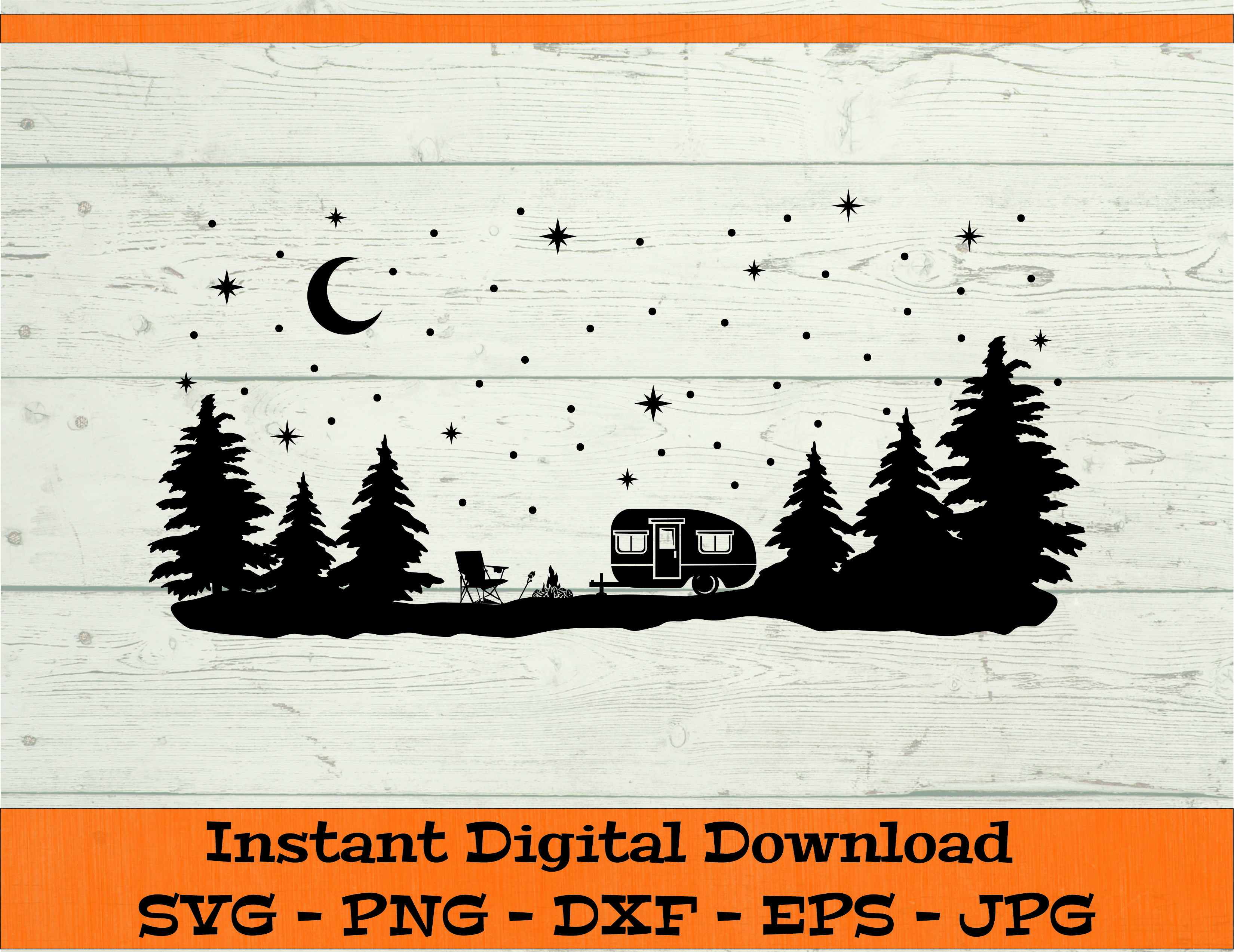 Starry Night Camping Scene with Silhouetted Forest and Retro Camper ...