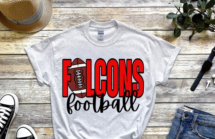 'Falcons Football' Bold Red Lettering with Stylized Brown Football ...