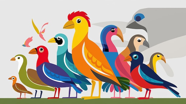 Vibrant Flock of Colorful Cartoon Birds Gathered Together | Jiffy Designs