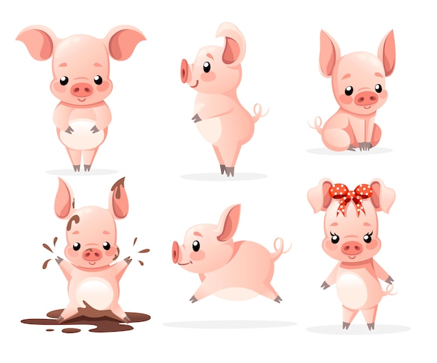 Adorable Collection of Playful Cartoon Pigs in Various Poses | Jiffy ...