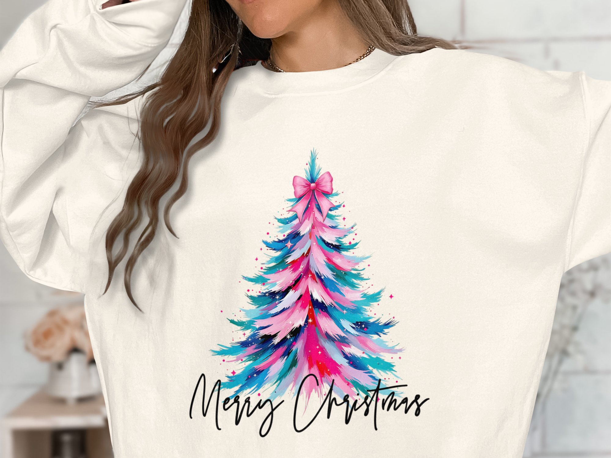 'Merry Christmas' Watercolor Pine Tree in Vibrant Pink and Teal Hues ...