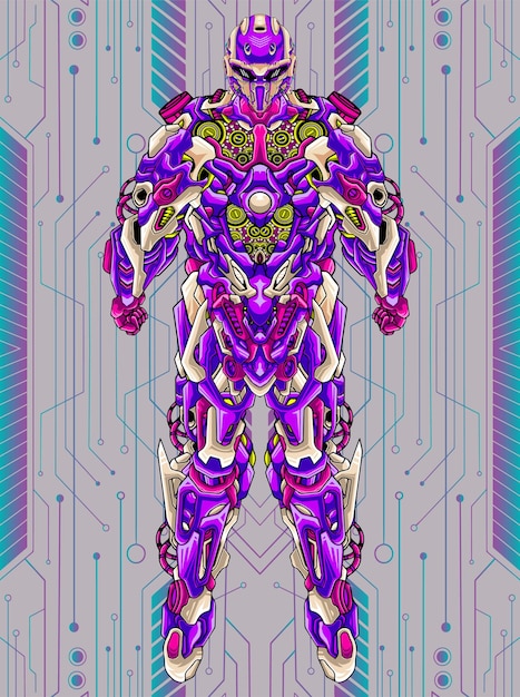 Futuristic Mech Warrior in Vibrant Violet and Teal | Jiffy Designs