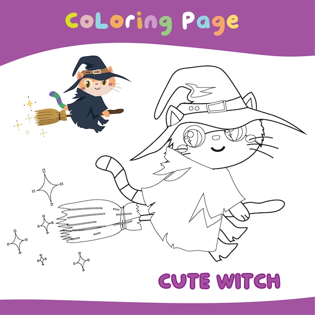 Delightful Witch Soaring on Broomstick Coloring Page | Jiffy Designs