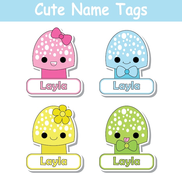 Whimsical Kawaii Name Tags with Adorable Mushroom Characters | Jiffy ...