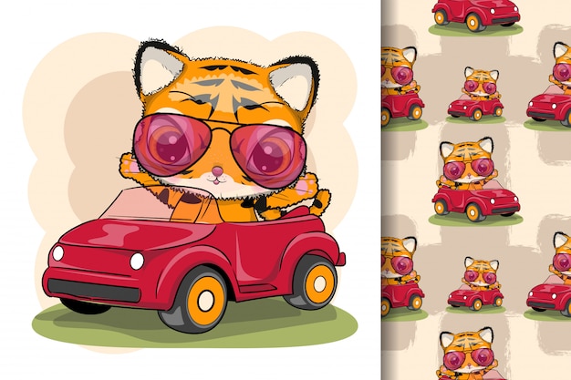 Adorable Tiger Cub Driving a Vibrant Red Car Collection | Jiffy Designs