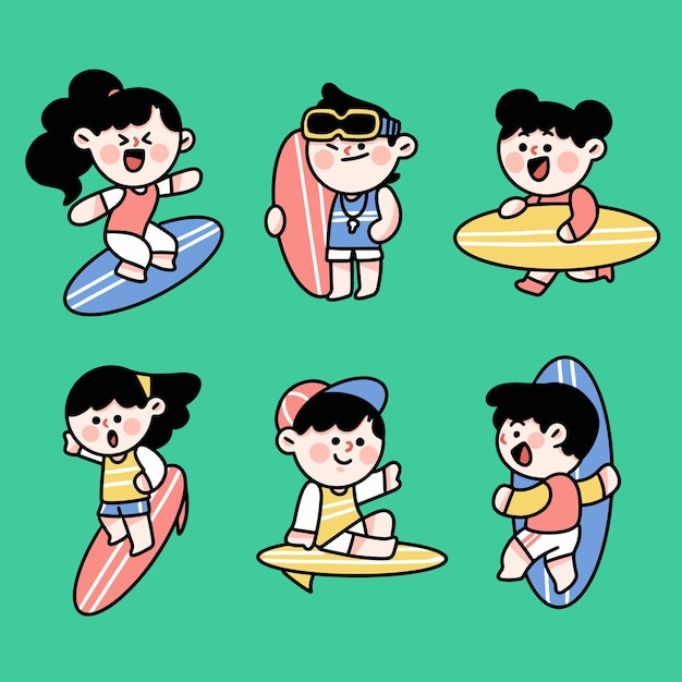 Vibrant Surf-Themed Cartoon Characters in Diverse Poses | Jiffy Designs