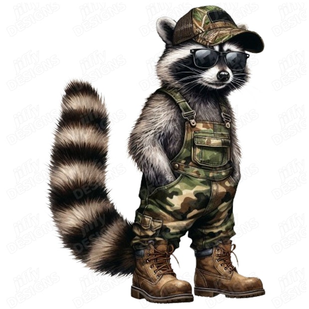 Military Raccoon in Camouflage Overalls and Combat Boots | Jiffy Designs