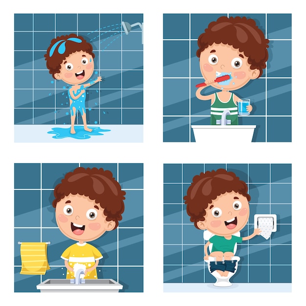 Cheerful Boy Engaging in Bathroom Routines Illustration Collection ...