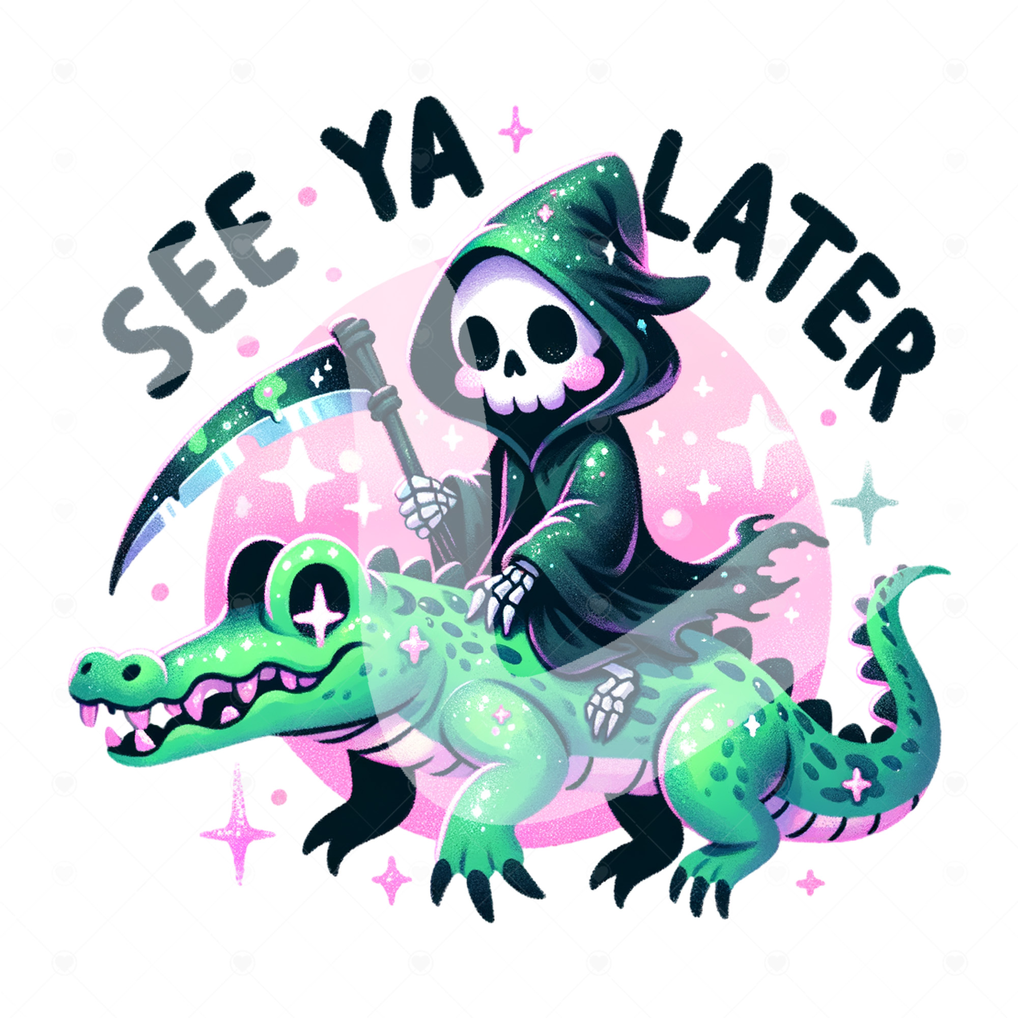 'See Ya Later' Grim Reaper Riding a Cute Alligator with Sparkling Stars ...