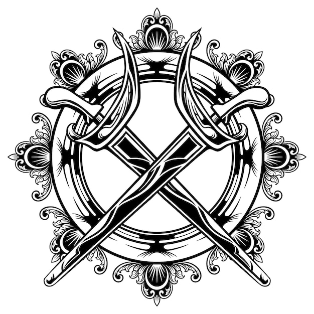 Ornate Crossed Swords Emblem with Floral Accents | Jiffy Designs