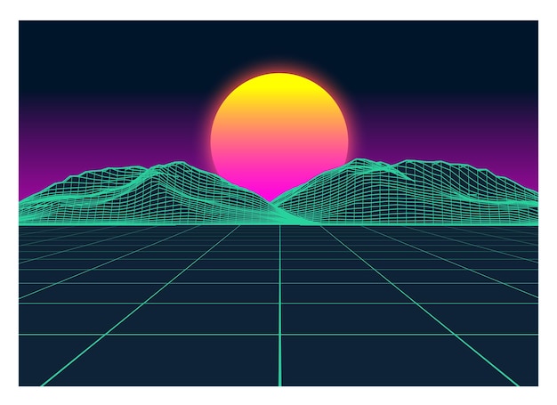Retro Sunset Landscape with Grid Terrain | Jiffy Designs