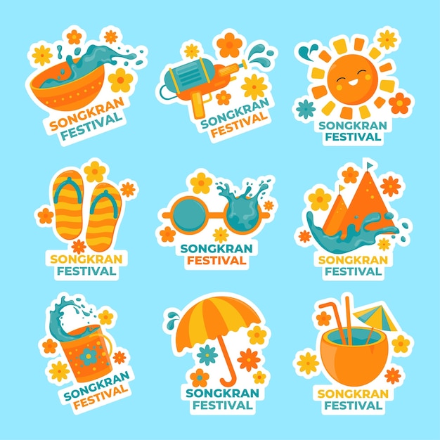 Vibrant Songkran Festival Stickers Showcasing Celebratory Symbols ...