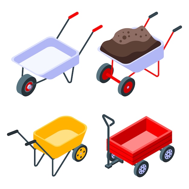 Vibrant Isometric Wheelbarrows in Diverse Shapes and Colors | Jiffy Designs