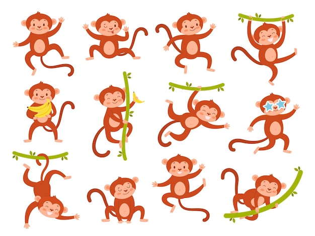 Playful Collection of Adorable Cartoon Monkeys in Various Poses | Jiffy ...