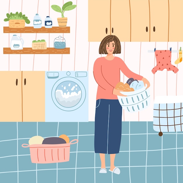 Cozy Domestic Scene: Woman Doing Laundry in Modern Kitchen | Jiffy Designs