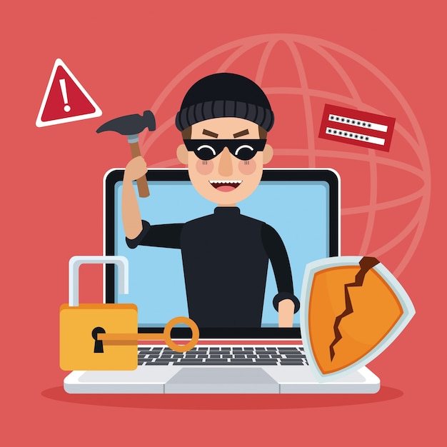Cybercriminal Hacking Laptop Illustration with Warning Signs | Jiffy ...