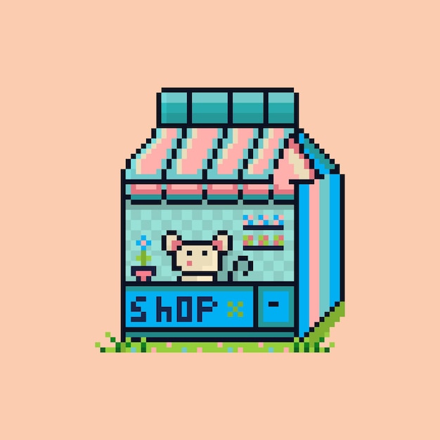 Charming Pixel Art Storefront with Friendly Shop Mascot | Jiffy Designs
