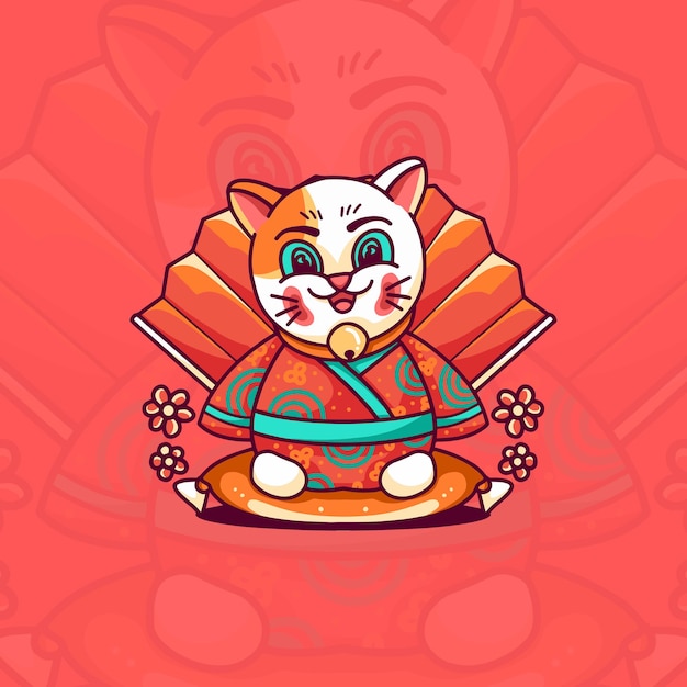 Adorable Cartoon Cat in Traditional Japanese Attire | Jiffy Designs