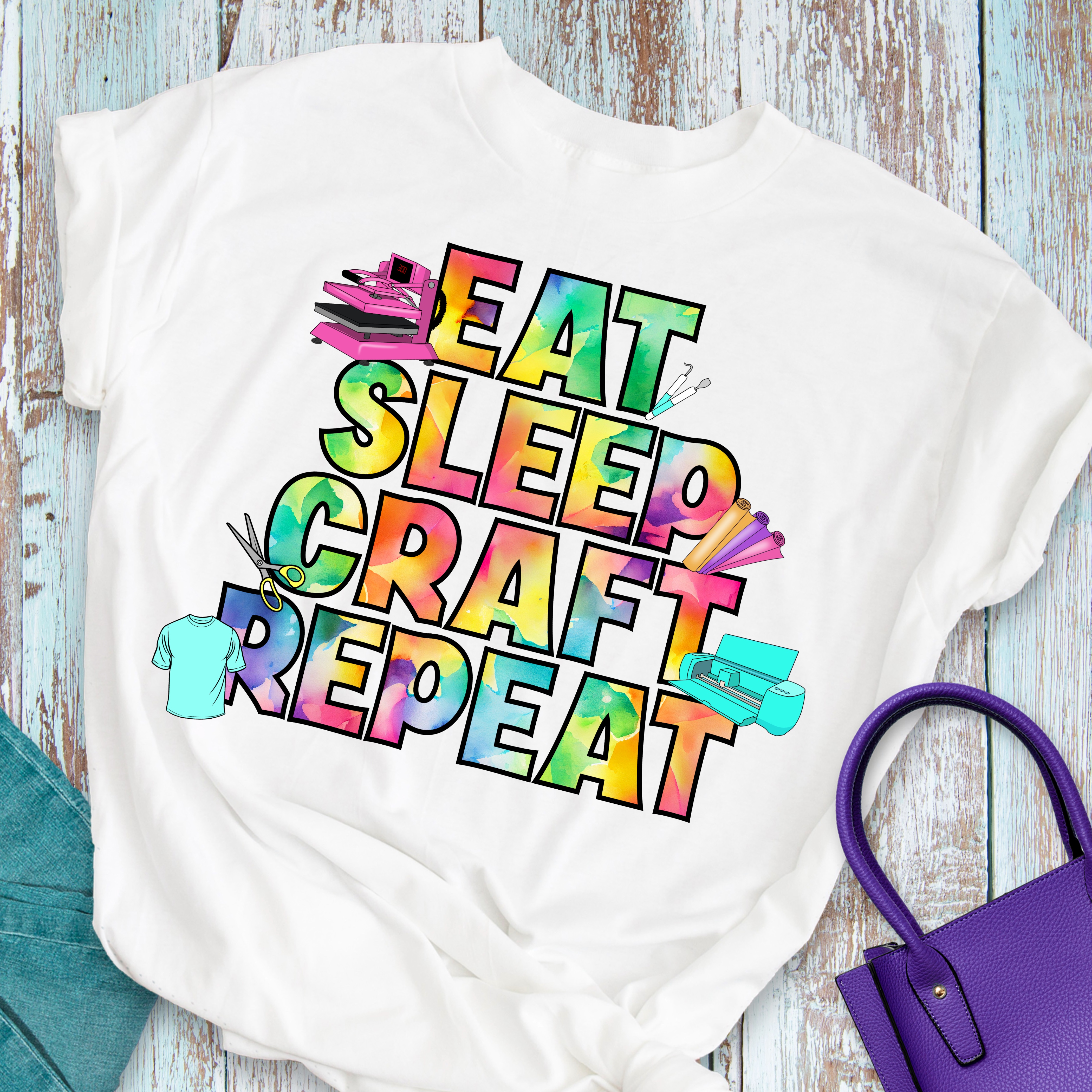 'Eat Sleep Craft Repeat' Vibrant Typography with Crafting Elements ...