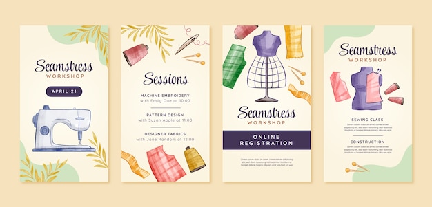 Vibrant Collection of Seamstress Workshop Illustrations and Designs ...