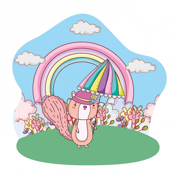 Cartoon Beaver with Colorful Umbrella and Rainbow Background | Jiffy ...