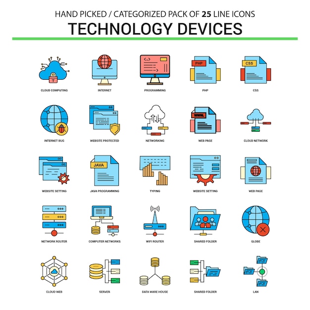Vibrant Technology Devices Icon Collection with Global Connectivity ...