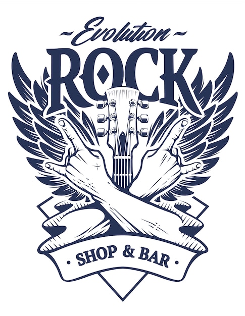 Winged Electric Guitar and Crossed Drumsticks in Retro Rock Style ...