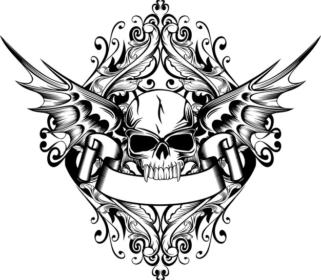 Ornate Skull Emblem with Crossed Swords and Filigree Motifs | Jiffy Designs