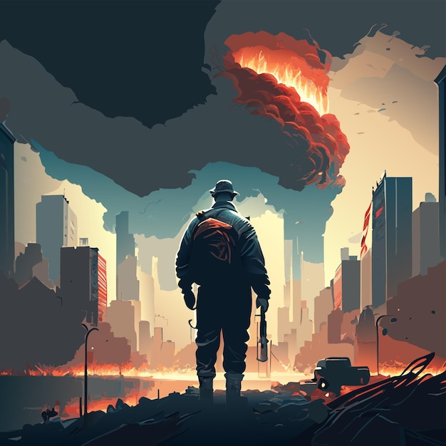 Lone Survivor Faces Apocalyptic Cityscape Ablaze | Jiffy Designs