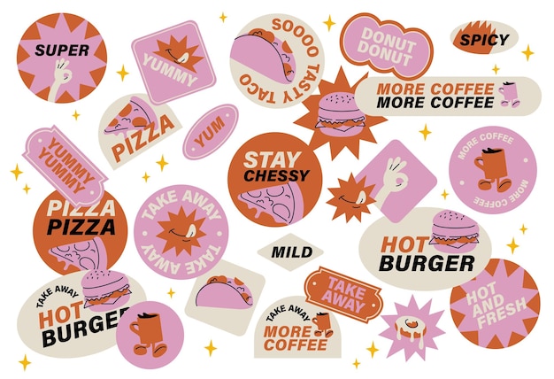 Vibrant Assortment of Playful Food-Themed Stickers and Badges | Jiffy ...