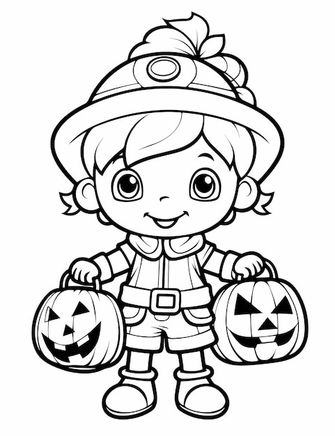 Child in Costume Holding Halloween Pumpkins Line Art | Jiffy Designs