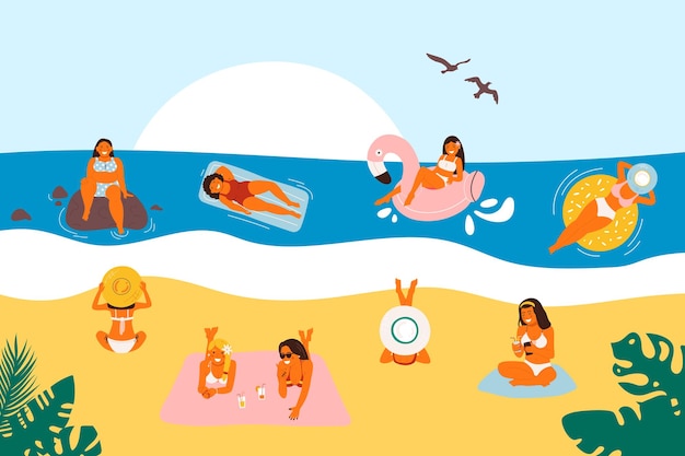 Vibrant Summer Beach Scene with Diverse People Enjoying the Sun and ...