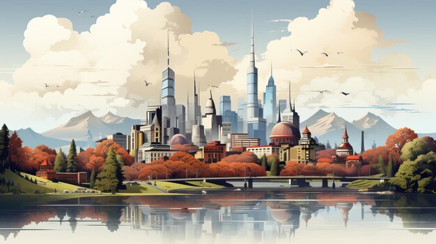 Majestic Autumn Cityscape with Towering Skyscrapers and Serene Lake ...