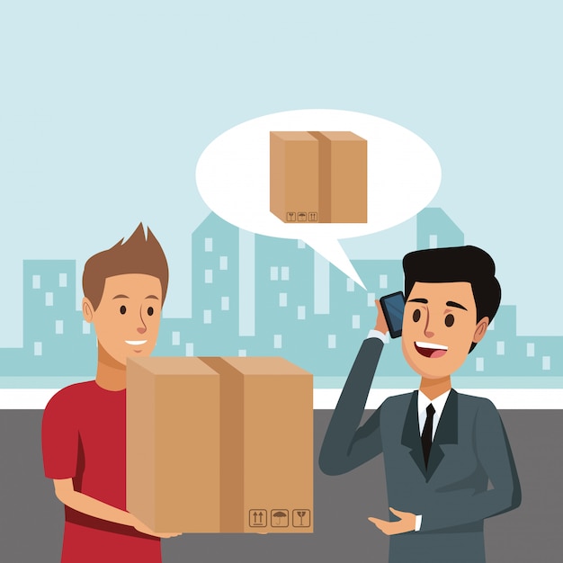 Delivery Service Illustration with Man Receiving Parcel from Courier ...