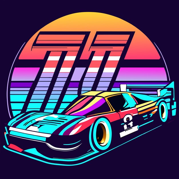 Retro Neon Race Car Emblem in Vibrant Sunset Backdrop | Jiffy Designs