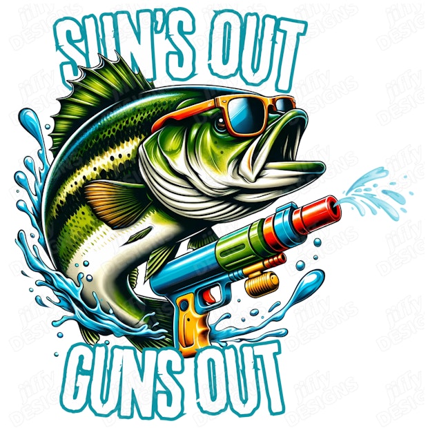 'Sun's Out Guns Out' Vibrant Bass Fish Brandishing Water Gun | Jiffy ...