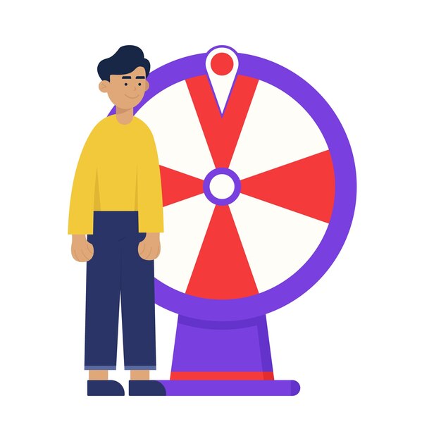 Man Standing Next to Colorful Spinning Wheel of Fortune | Jiffy Designs