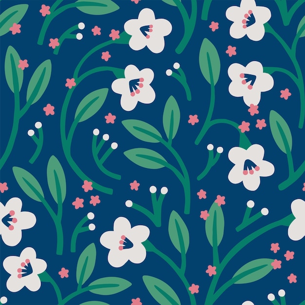 Vibrant Floral Pattern with White Blooms on Navy Background | Jiffy Designs