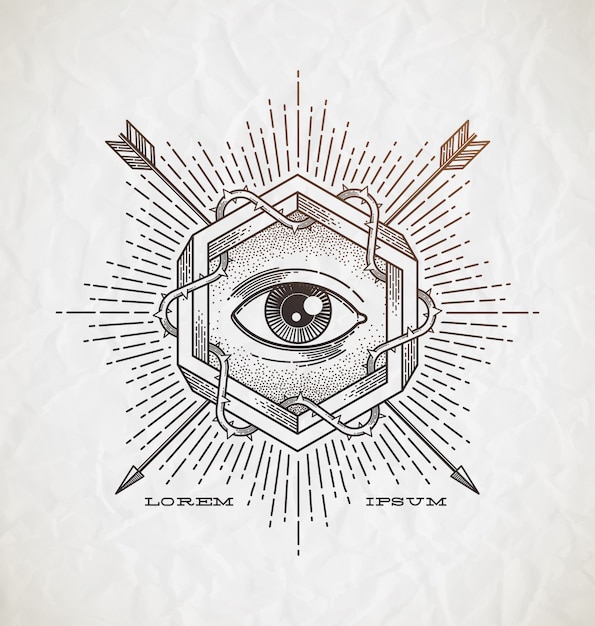 Intricate Hexagonal Eye with Radiating Arrows and Sunburst | Jiffy Designs