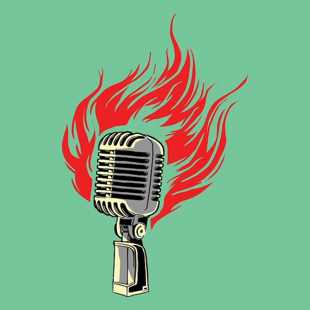 Fiery Vintage Microphone with Vibrant Flames on Green | Jiffy Designs