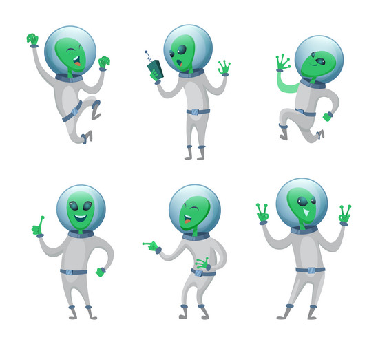 Funny Aliens Standing In Various Poses. Vector Humanoids. Illustration ...