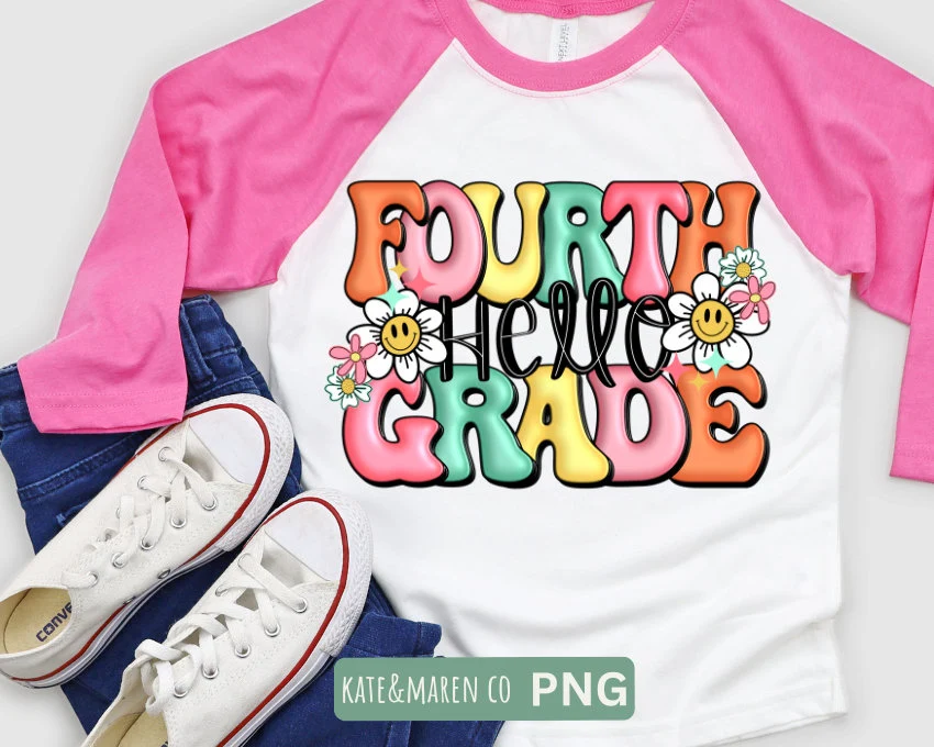 'Fourth Hello Grade' Colorful Retro Typography with Cheerful Floral ...