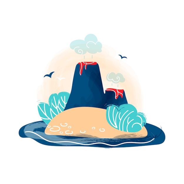 Vibrant Volcanic Island with Erupting Spout and Soaring Birds | Jiffy ...