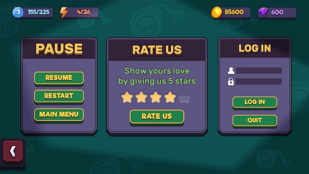 Vibrant Mobile Game Menu with Pause, Rating, and Login Options | Jiffy ...
