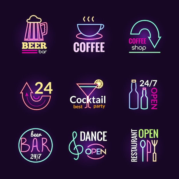 Vibrant Neon Icons for Bars, Cafes, and Entertainment Venues | Jiffy ...