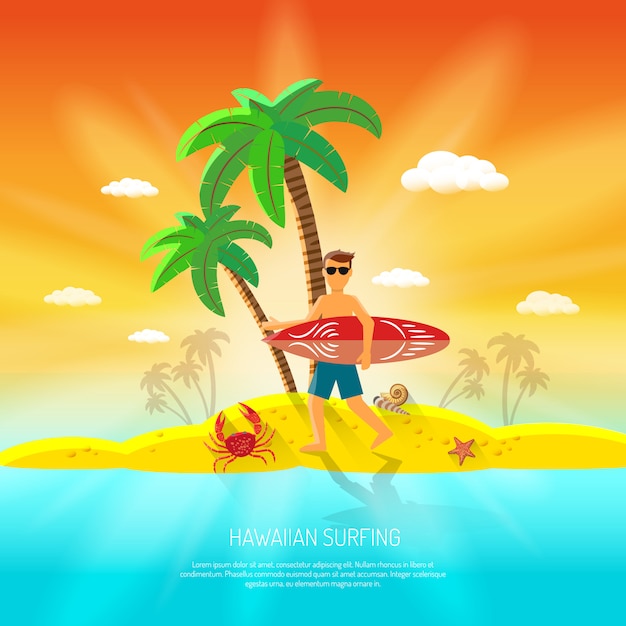 Vibrant Hawaiian Surf Scene with Palm Trees and Surfer | Jiffy Designs