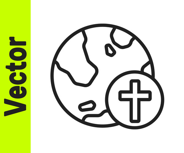 Black Line Christian Cross With Globe Earth Icon Isolated On White ...
