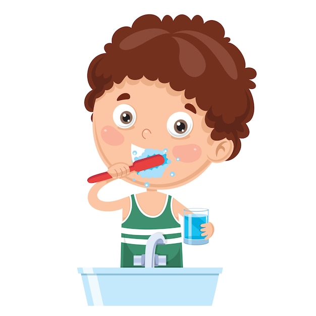 Illustration of a Boy Brushing His Teeth in Bathroom | Jiffy Designs